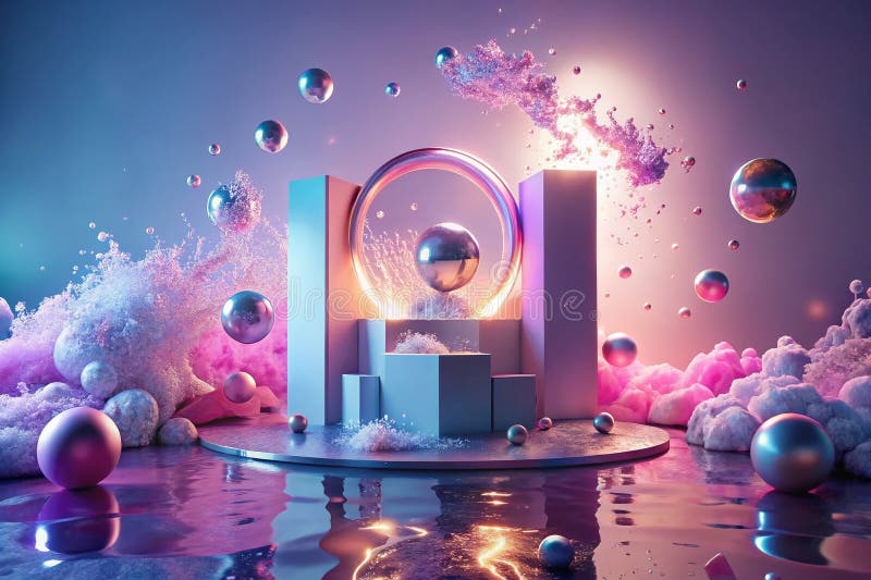 Immersive Lavender Water Splash Floating 3D Objects with Glowing ...