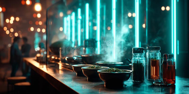 Vibrant Neon-Lit Food Counter with Fresh Ingredients Stock Illustration ...