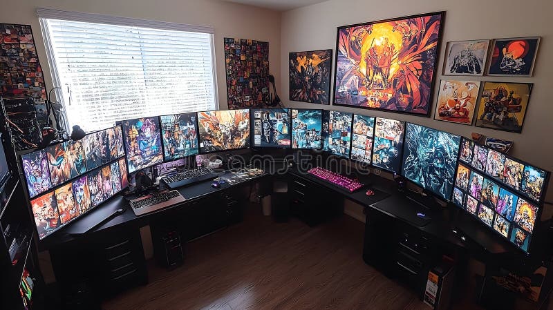 Immersive Multi-monitor Gaming Setup with Custom Artwork and Vibrant ...