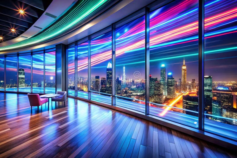 Immersive Night City Workspace Panoramic Futuristic Office with Dynamic ...