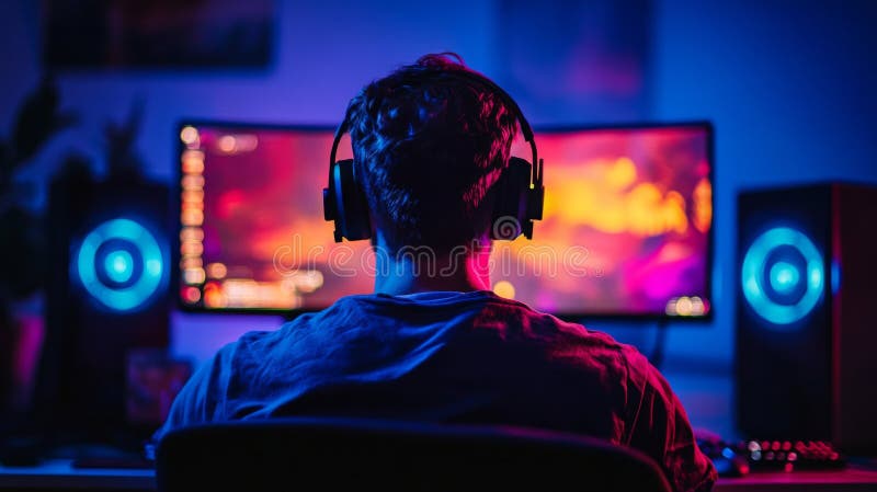 Immersive Nighttime Gaming Session with Vibrant Backlighting Stock ...