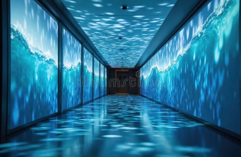 Immersive Ocean Wave Projection in Modern Hallway. Blue Water Light ...