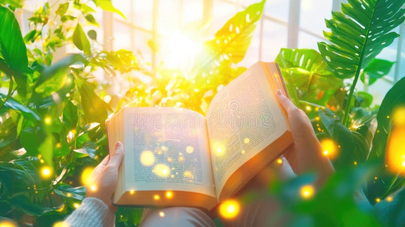 Immersive Reading Experience Amidst Lush Greenery and Sunlight Stock ...