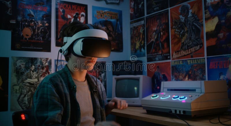 Immersive Retro Gaming Experience with Vr Headset in Vintage Room Stock ...