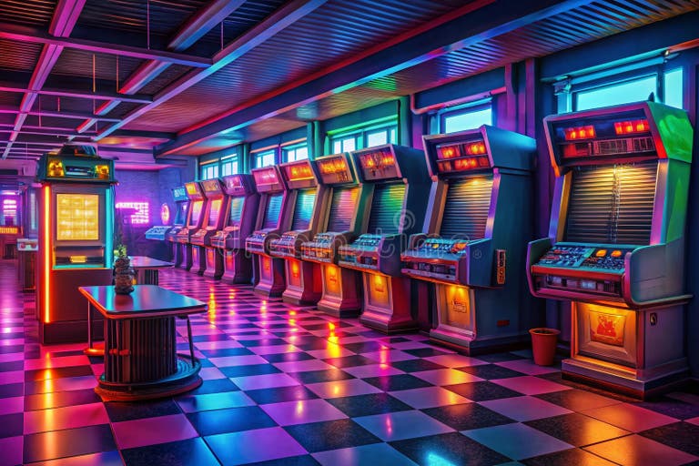 Immersive 90s Retro Arcade Gaming Room a 3D Render Exploding with Neon ...