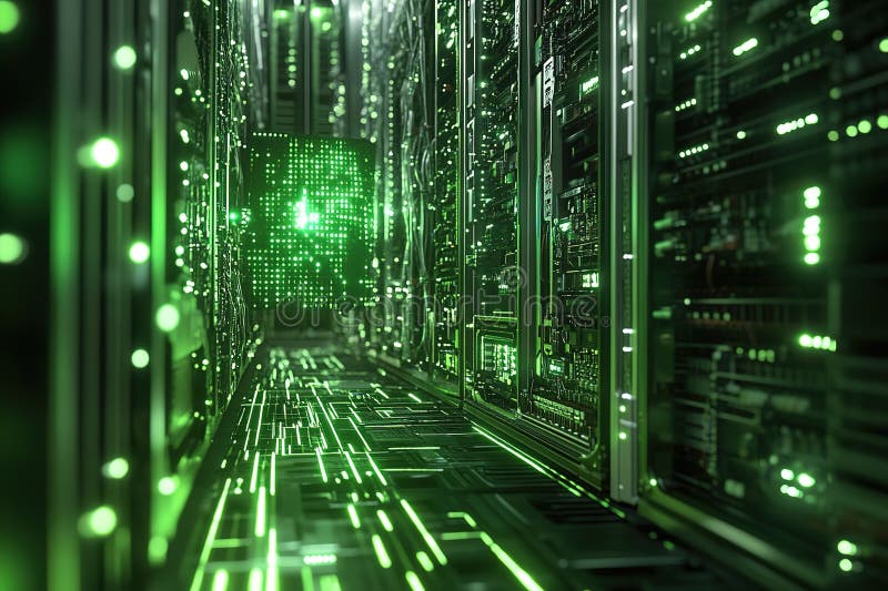 Immersive Server Room Interior Featuring Glowing Green Lights and ...