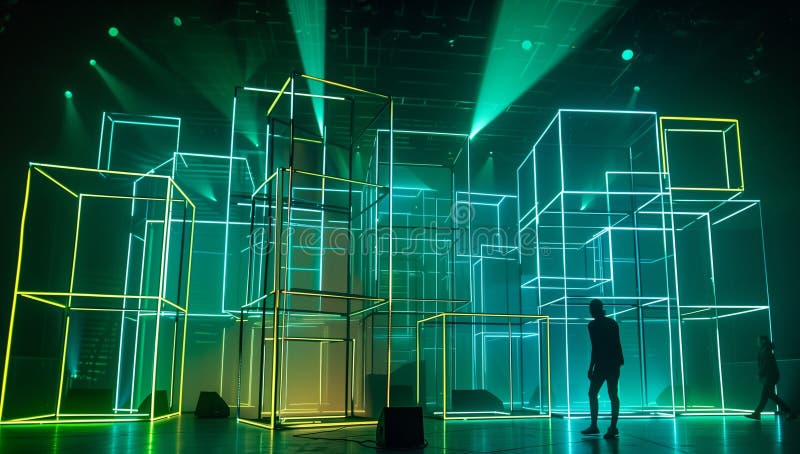 An Immersive Stage Design Featuring Neon Green and Blue Lighting Stock ...