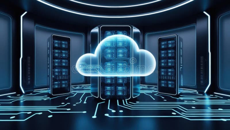 Immersive Tech Design Featuring Holographic Cloud Servers and Neon ...