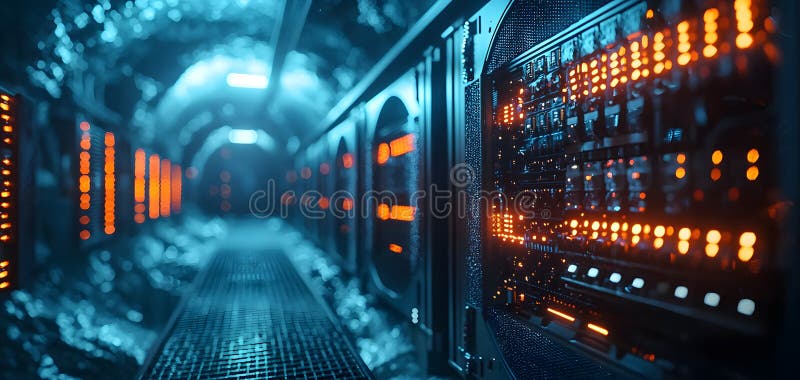 Immersive View of a Futuristic Cryptocurrency Mining Farm with Glowing ...