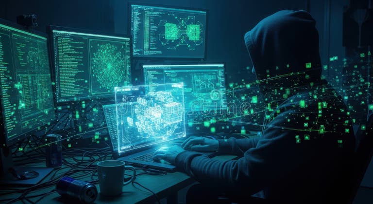 Futuristic Cyber Security Operations Center with Glowing Holographic ...