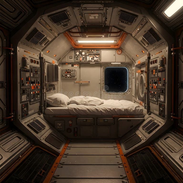 An Immersive View Inside a Compact, Functional Spacecraft Cabin Featuring a Bed and a Window ...