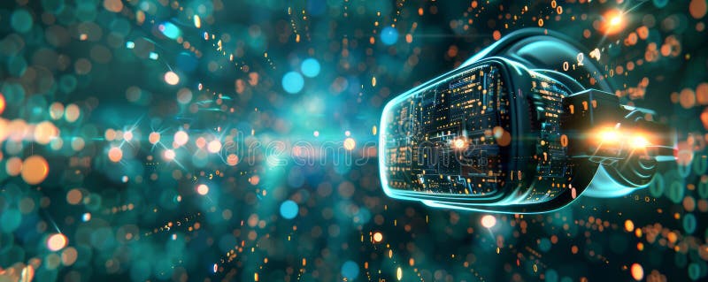 Immersive Virtual Reality Headset with Futuristic Digital Glowing Bokeh ...