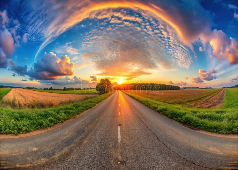 Immersive 360 VR Panorama SunKissed Asphalt Road Winding through Fields ...