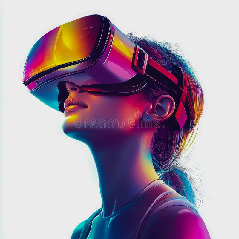 Immersive VR Simulation Experience with Woman Wearing Virtual Reality ...