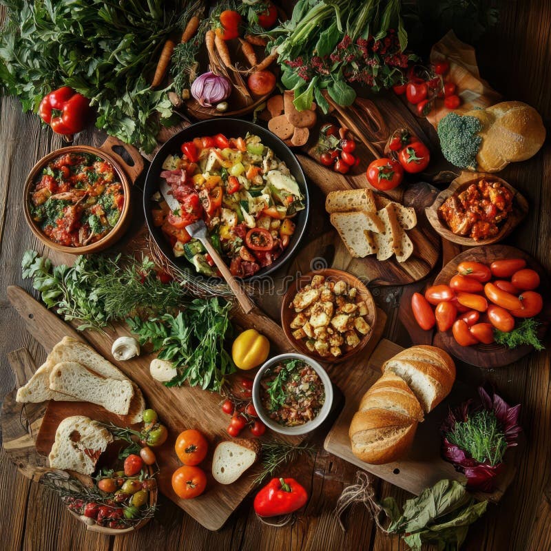 Rustic Italian Table Spread with Vegetables, Bread, and Sauces Stock ...