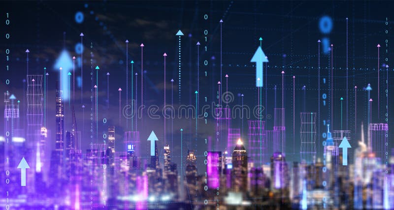 Immersive Wireframe City Interface in Evening City Stock Image - Image ...