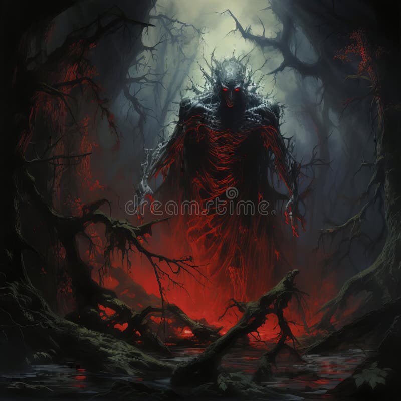 Eerie Imp Figure Looms in Dark Haunted Forest Landscape Stock ...