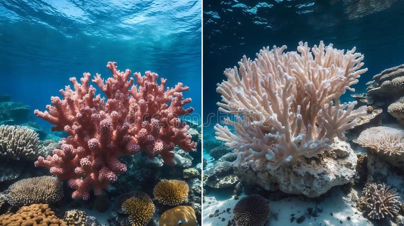 Impact of Climate Change on Coral Reefs Highlighted in Split Image ...