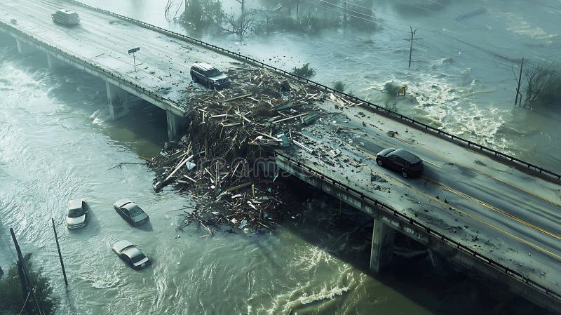 Impact of Natural Disasters Flooded Highway Bridge Covered in Debris ...