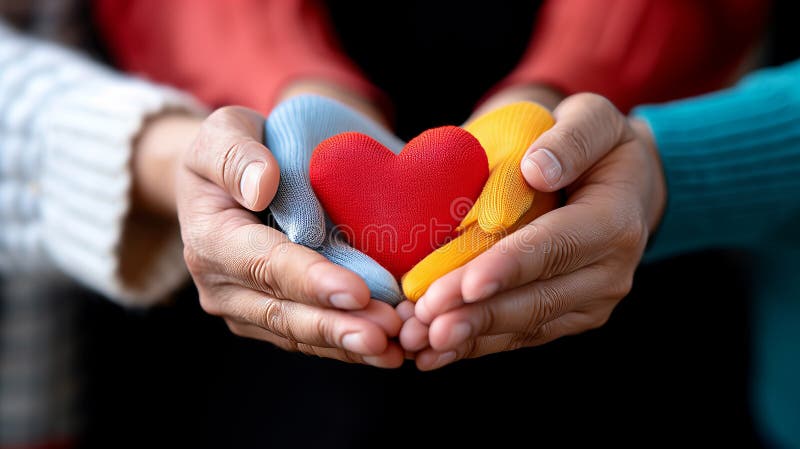 Multiple Hands in Different Colored Gloves Holding a Red Heart Together ...