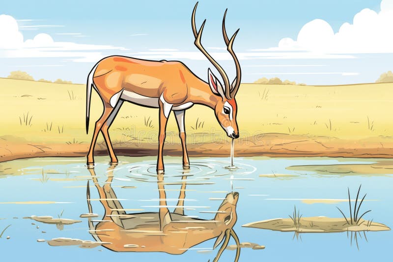 Impala Drinking Water from a Pond in Grassland Stock Illustration ...