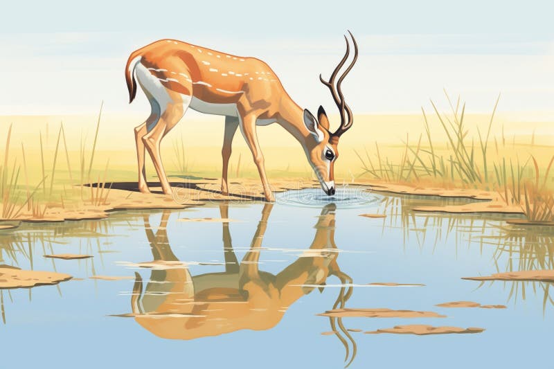 Impala Drinking Water from a Pond in Grassland Stock Photo - Image of ...
