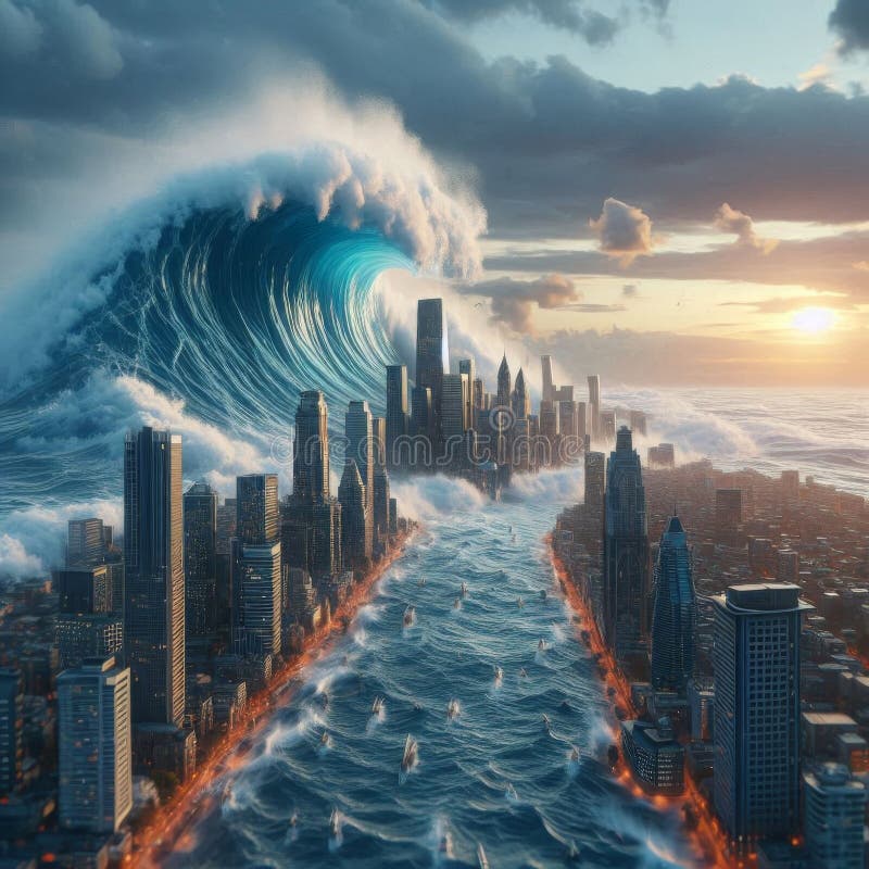 Impending Tsunami Wave in 3D Threatening Cityscape Stock Illustration ...