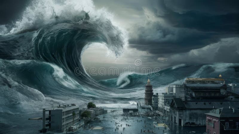 Impending Tsunami Wave in 3D Threatening Cityscape Stock Illustration ...