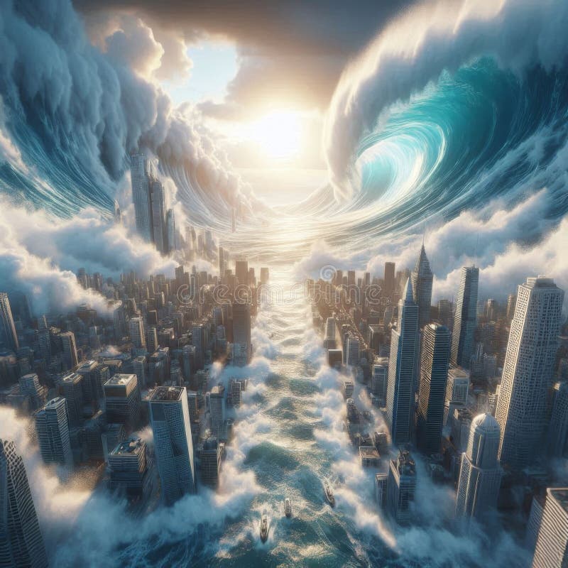 Impending Tsunami Wave in 3D Threatening Cityscape Stock Illustration ...
