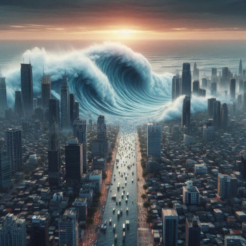 Impending Tsunami Wave in 3D Threatening Cityscape Stock Illustration ...
