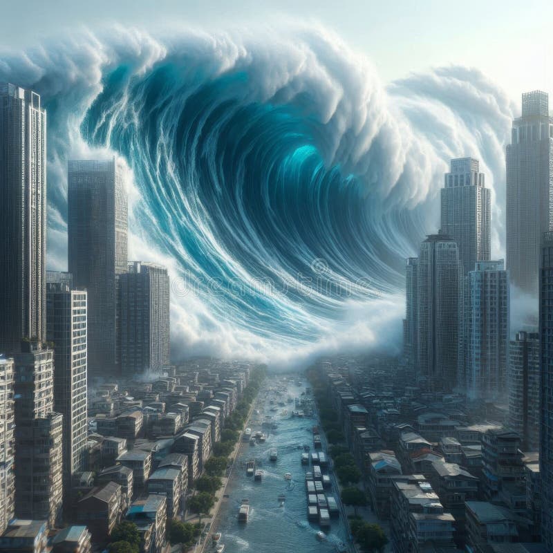 Impending Tsunami Wave in 3D Threatening Cityscape Stock Illustration ...