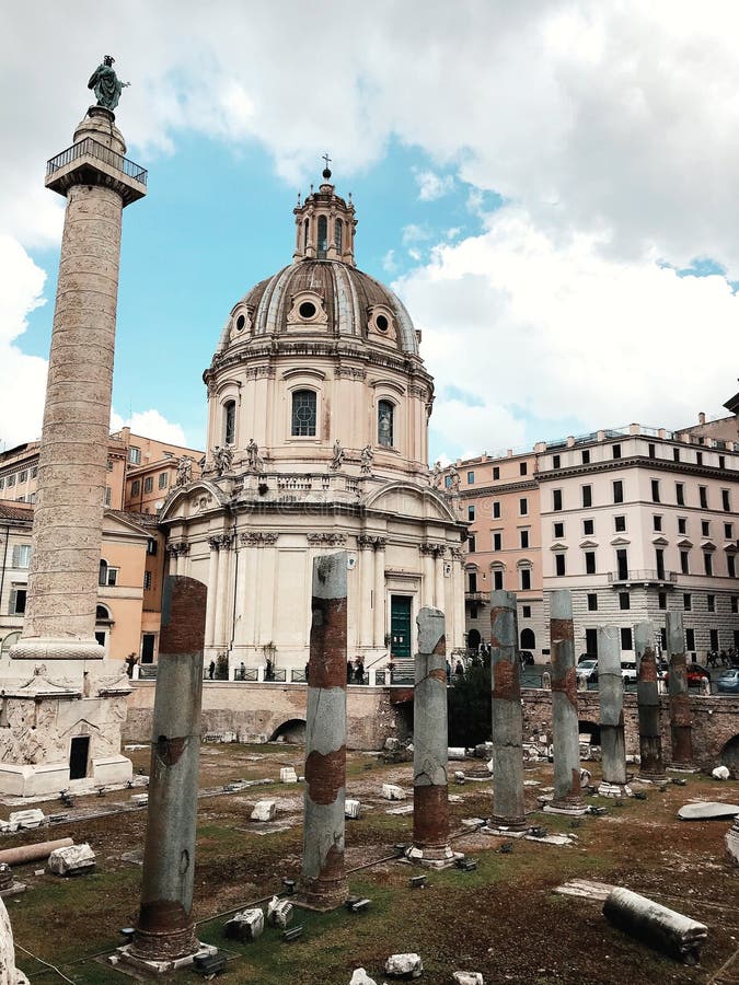 Imperial Forum and Traian Column Stock Photo - Image of mary, church ...