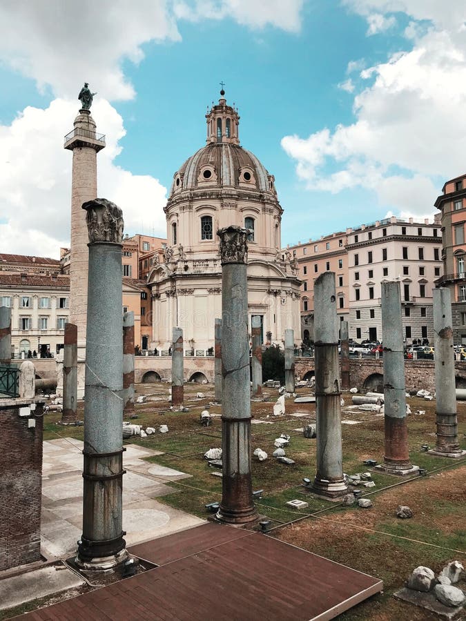 Imperial Forum and Traian Column Stock Photo - Image of mary, church ...