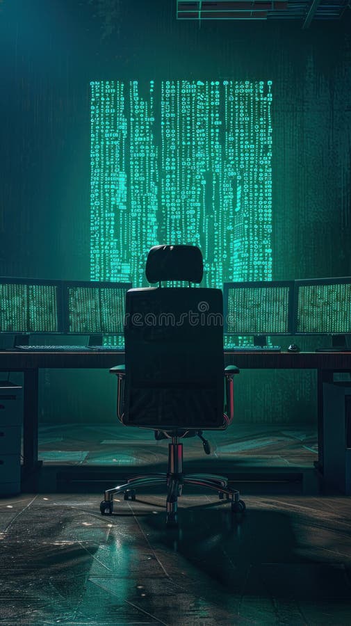 Implied Hacker Station: Minimalist Empty Chair & Code Monitors Outline ...