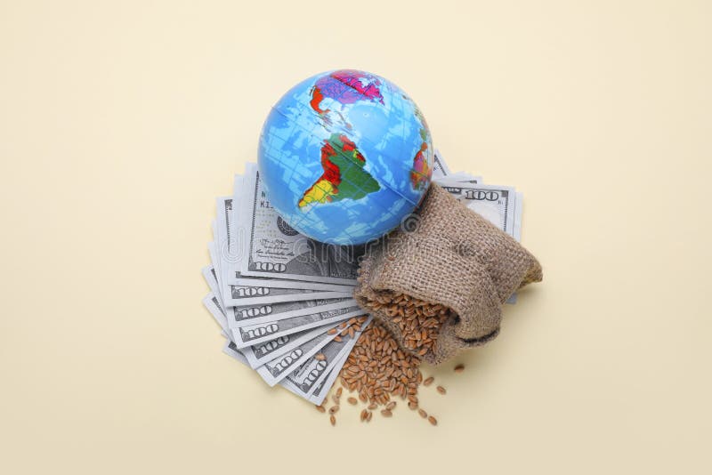 Import and Export Concept. Globe, Bag of Wheat Grains and Banknotes on ...