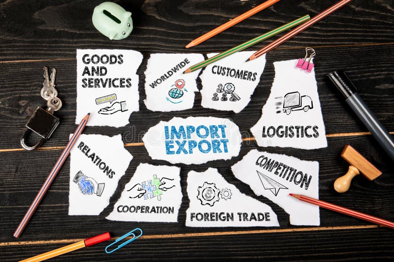 Import and Export Concept. Torn Sheet of Paper with Text and Icons and ...