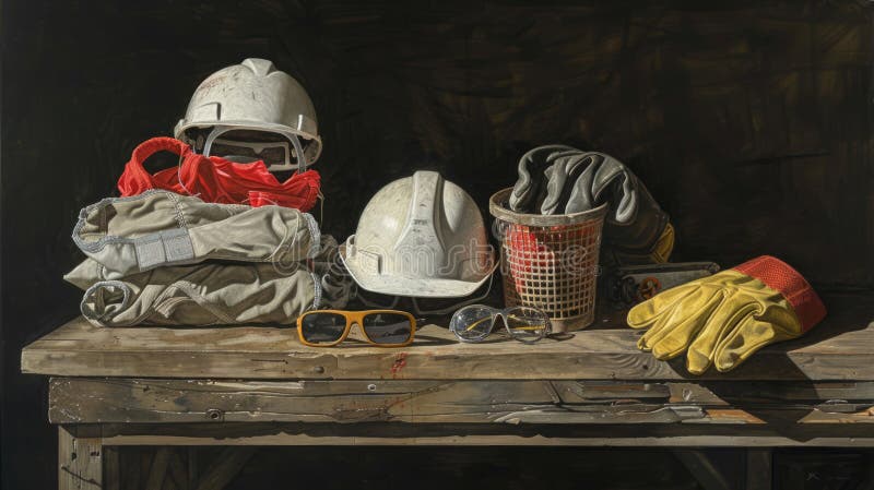 Important Equipment for a Secure Workday, Organized on a Worn Table ...