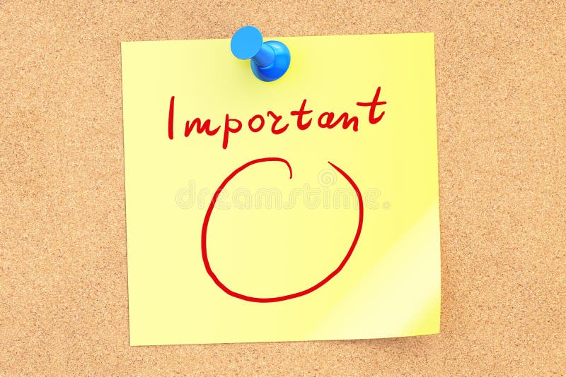 Important Text on a Sticky Note Pinned To a Corkboard. 3D Render Stock ...