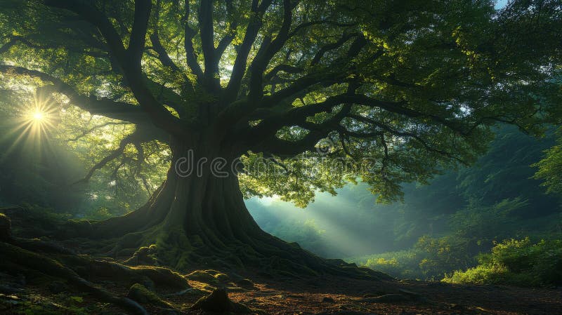 An Imposing Ancient Deciduous Tree, Its Roots Sprawling and Branches ...