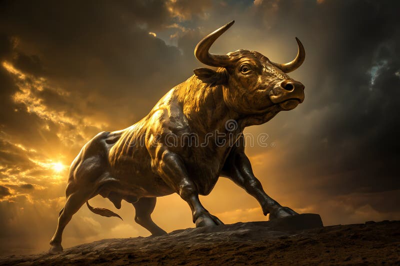 Imposing Bronze Bull Statue Standing Against a Dramatic Sunset Sky ...