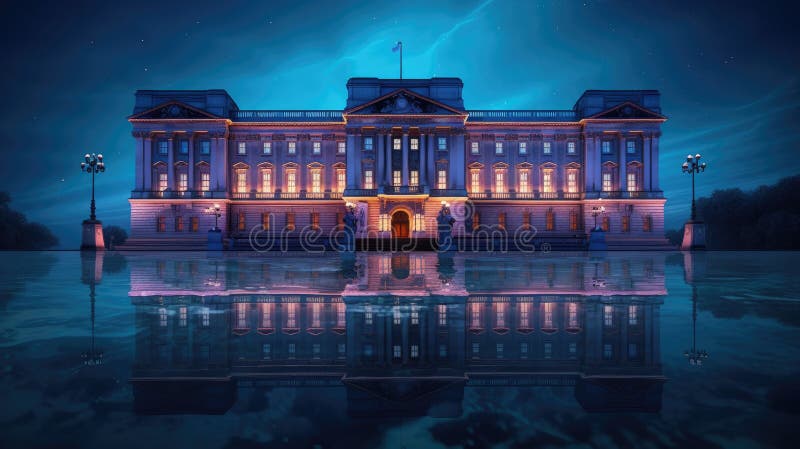 Imposing Facade of Buckingham Palace at Night with Reflection in Water ...