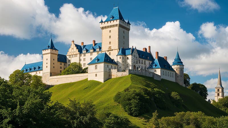 Imposing Fortress with Blue Rooftops on a Lush Elevated Site Stock ...