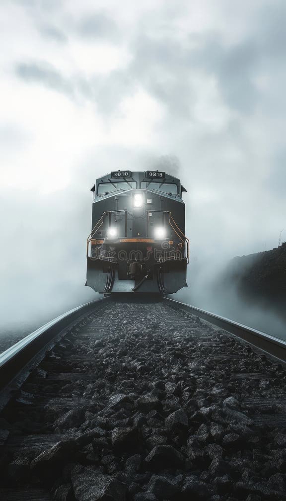 Imposing Freight Train Surrounded by Dense Fog a Dramatic Low Angle ...