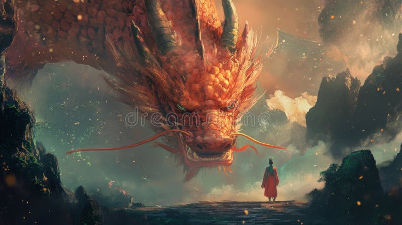 Imposing Mythical Dragon Overlooking a Small Human Figure in a Mystical ...