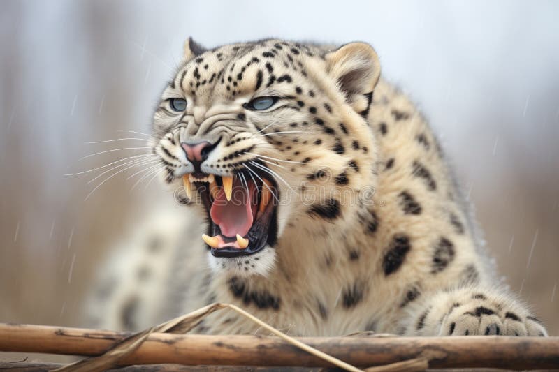 Imposing Snow Leopard Roar Captured in Open Wilderness Stock Photo - Image of mountain, snow ...