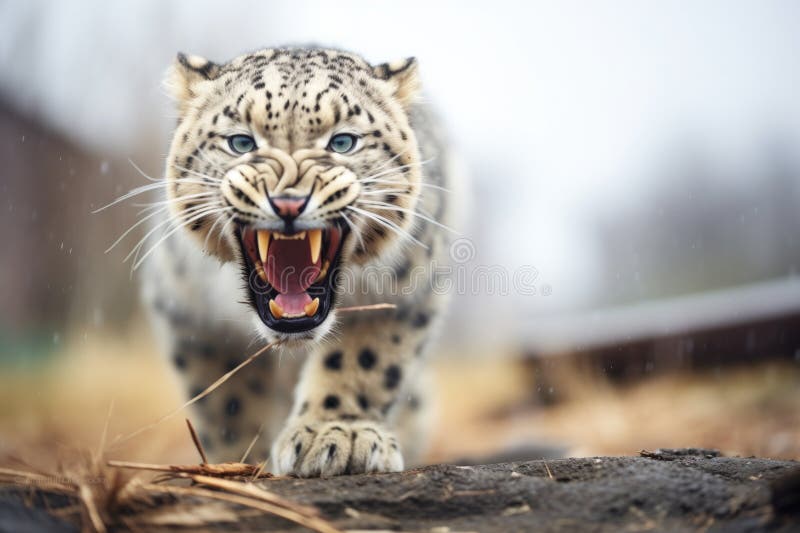 Imposing Snow Leopard Roar Captured in Open Wilderness Stock Image ...
