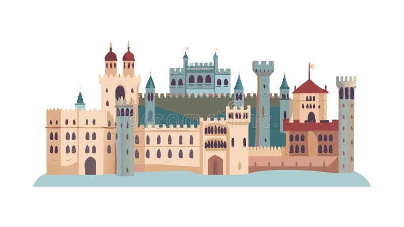 Classic Medieval Architecture Showcasing Towers Stock Illustrations ...