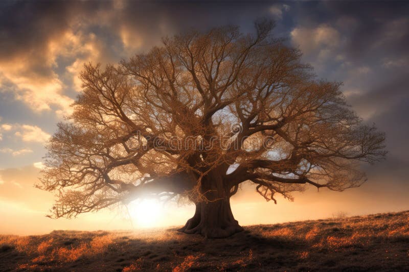 Imposing Tree without Leaves in Nature with Sunset Background ...