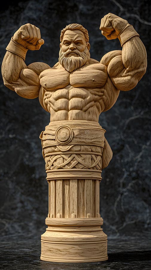 Imposing Wooden Statue of a Muscular Hero Stock Illustration ...
