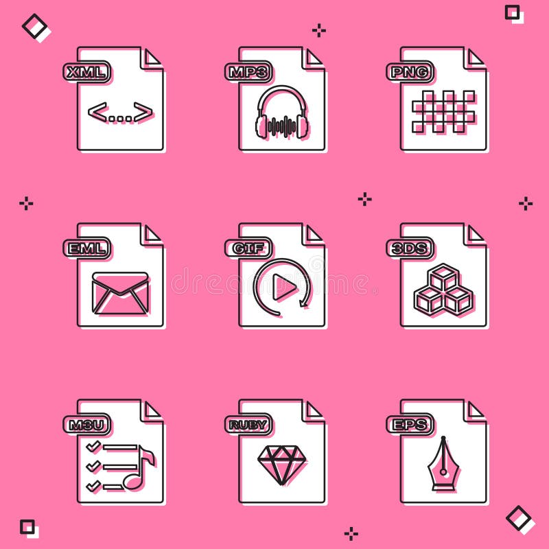 Imposta File Xml Documento Mp3 Png Eml Gif 3ds M3u E Icona Ruby. Vettore Illustrazione di Stock ...